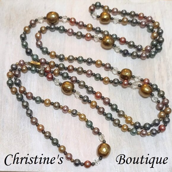 Vintage | Jewelry | Bronze Greens Gold Metallic Glass Bead Flapper ...